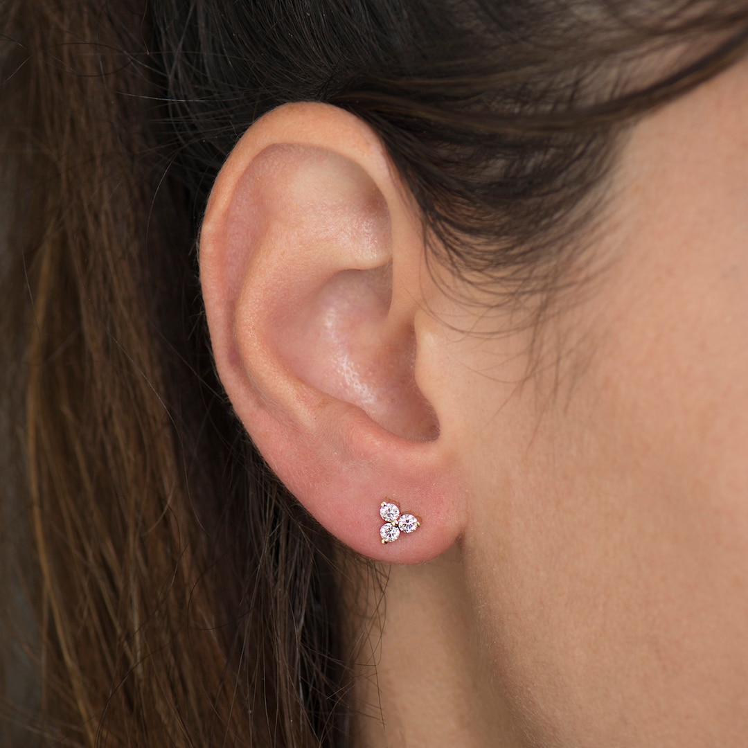 Trio Diamond Earrings, 14K / 18K Yellow Gold, Trio Stud, Delicate ...