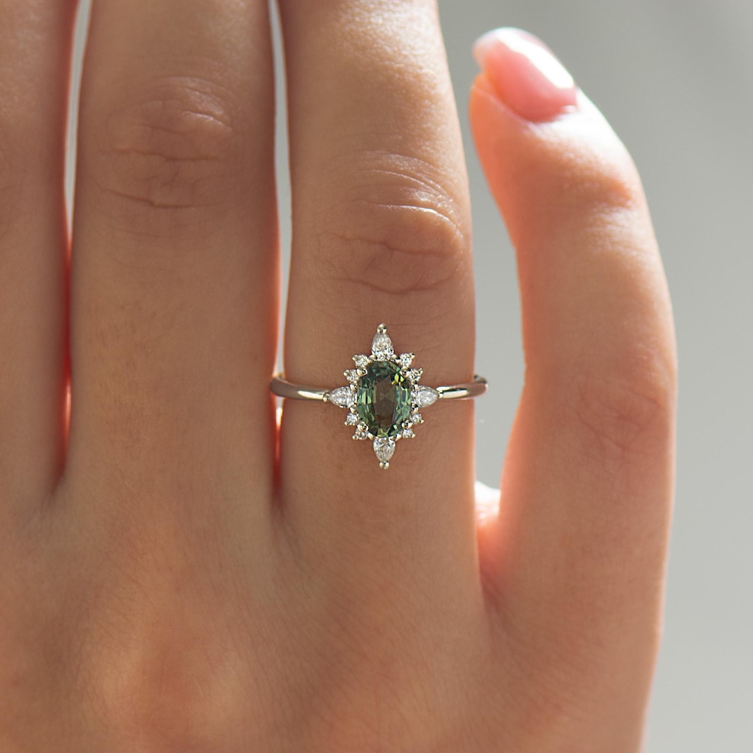 North Star Engagement Ring, 14K / 18k White Gold, Green Sapphire Ring, Oval Sapphire Ring, Oval ...