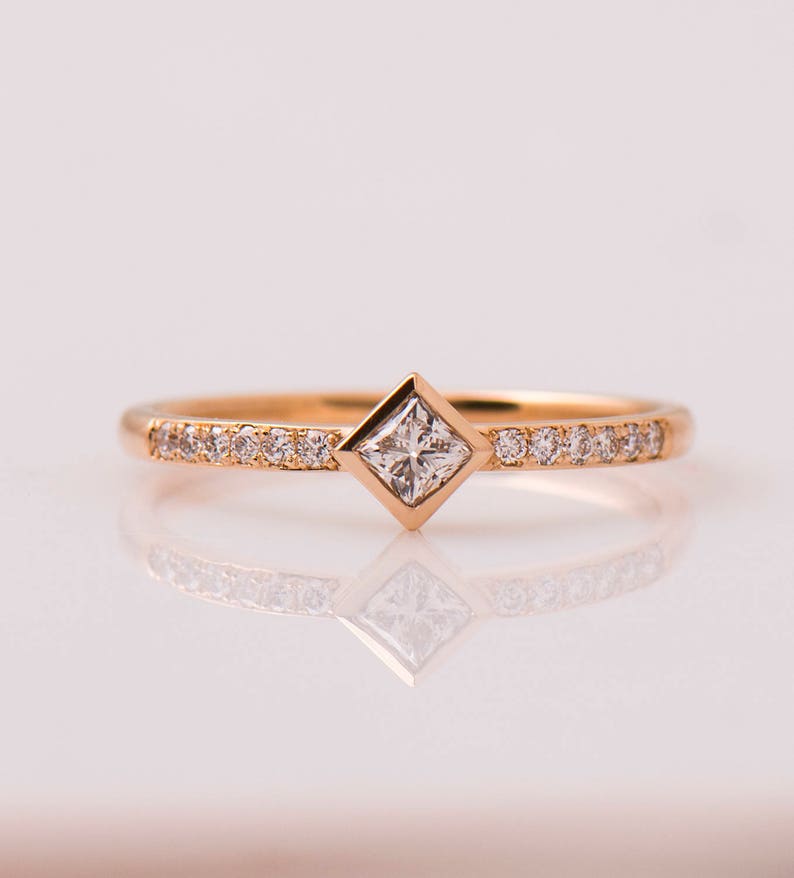 Rhombus Square Diamond Engagement Ring, 14K / 18K Rose Gold, Delicate ...