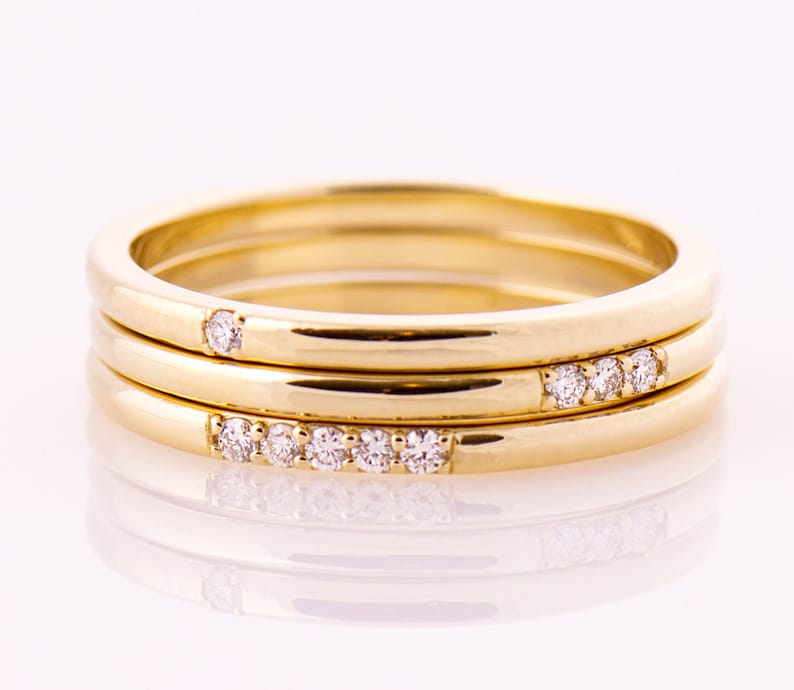 1.5 Mm 3 Diamonds Ring Three Diamonds Stack Band 14K / 18K - Etsy