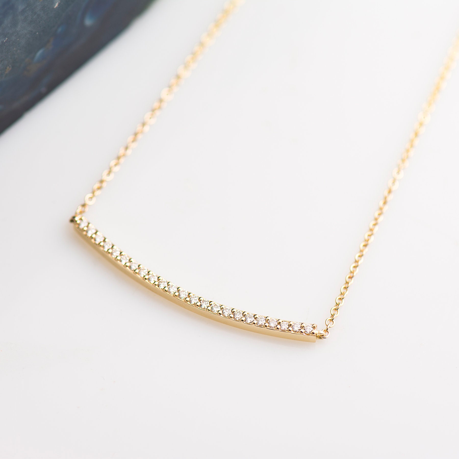 Bar Diamond Necklace, 14K / 18K Yellow Gold, Arch Necklace, Natural ...