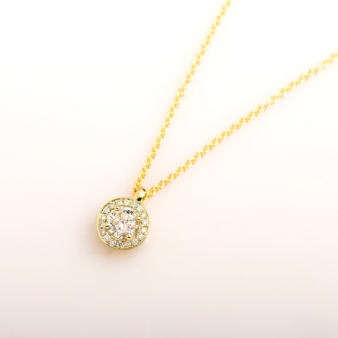 Halo Diamond Necklace, 14K / 18K Yellow Gold, Halo Pendant, Round ...