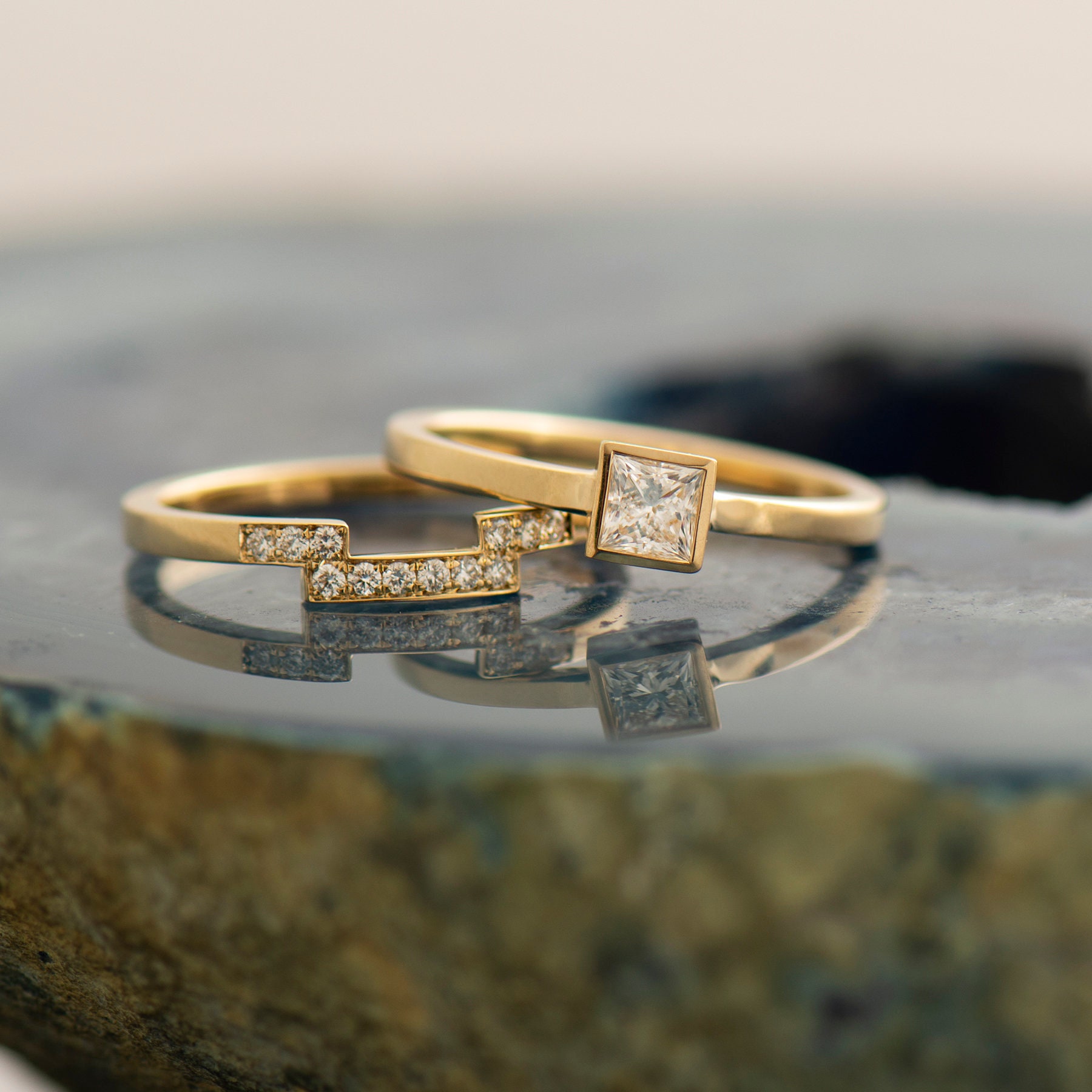 Princess Diamond Set, 14K Yellow Gold Diamond Set, Engagement Ring Set ...