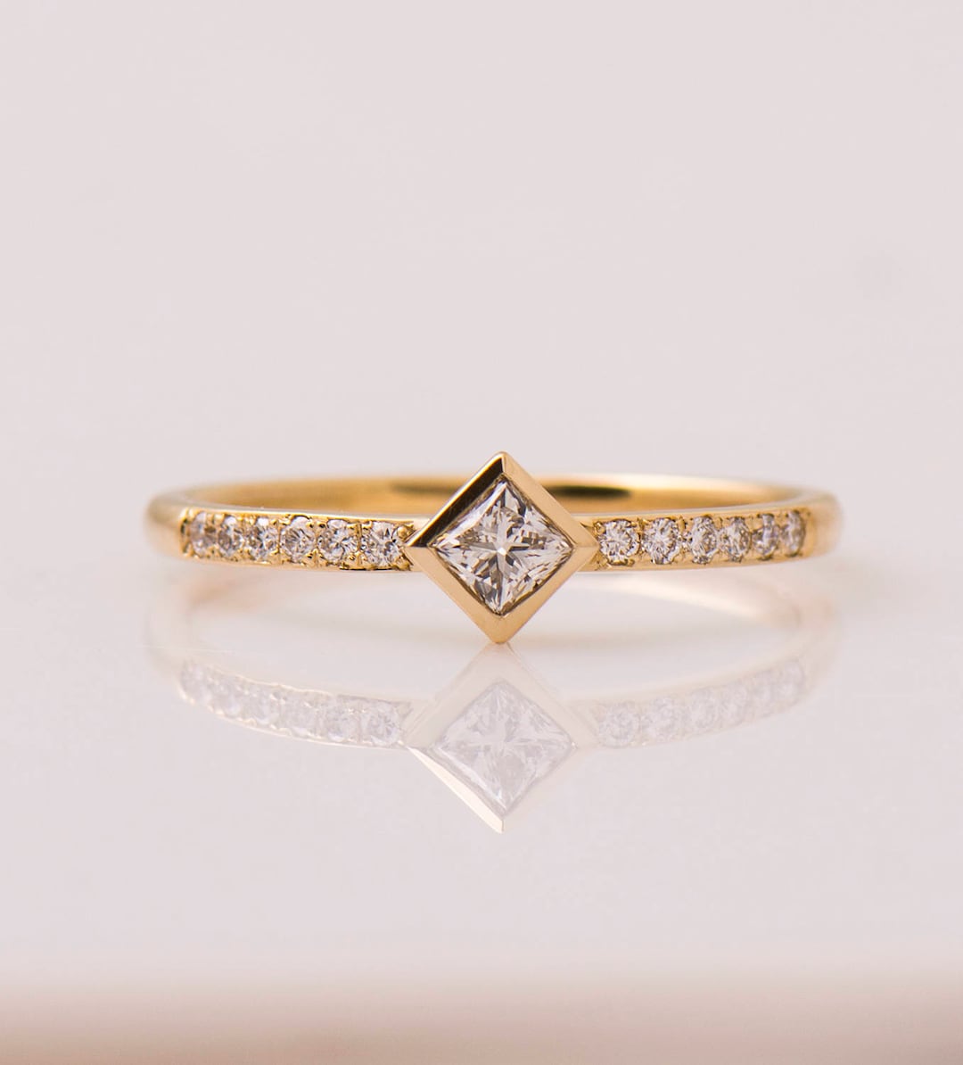 Rhombus Square Diamond Engagement Ring, 14K / 18K Yellow Gold, Delicate ...