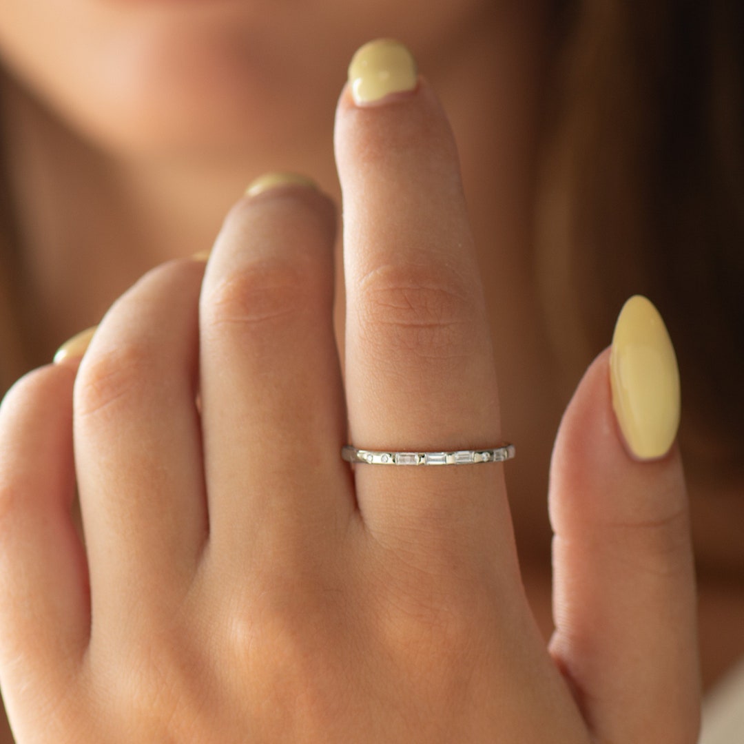 Personalized Morse Code Ring, 14K / 18K White Gold, Baguette Diamonds Ring, Thin Diamonds Ring ...