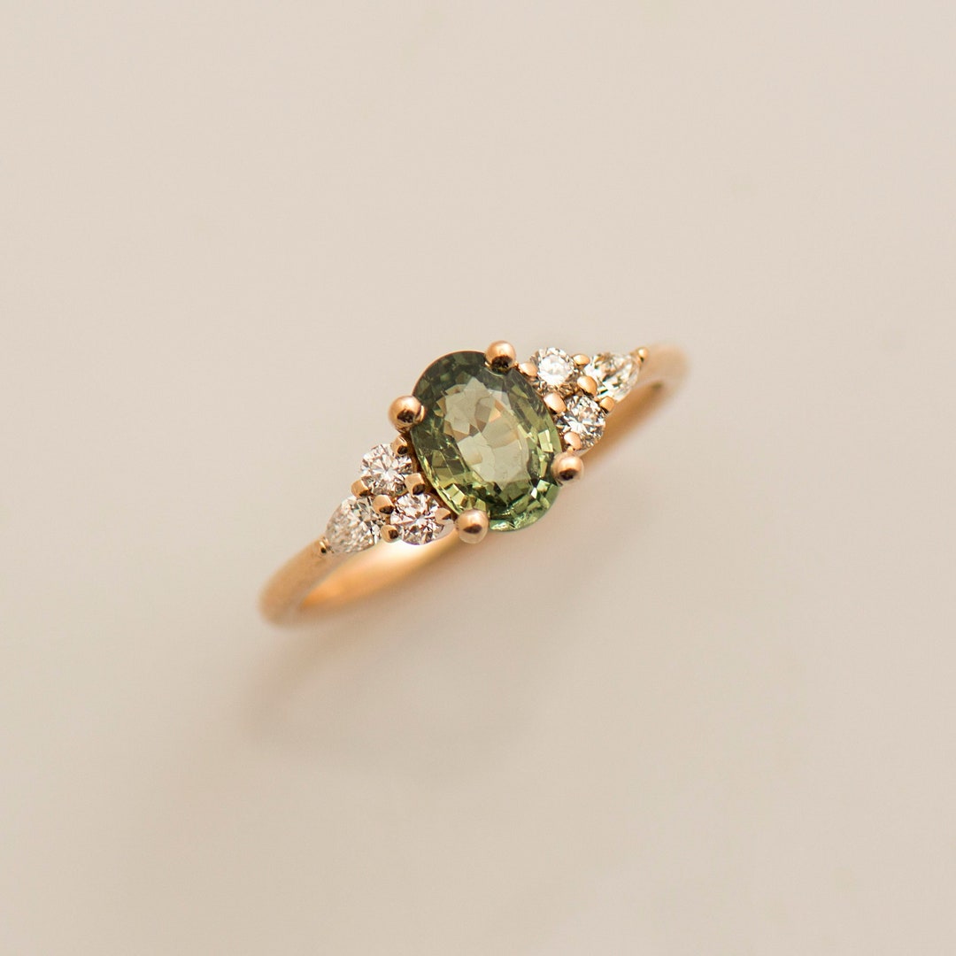Green Sapphire Engagement Ring, 14K / 18K Rose Gold, Cluster Ring ...