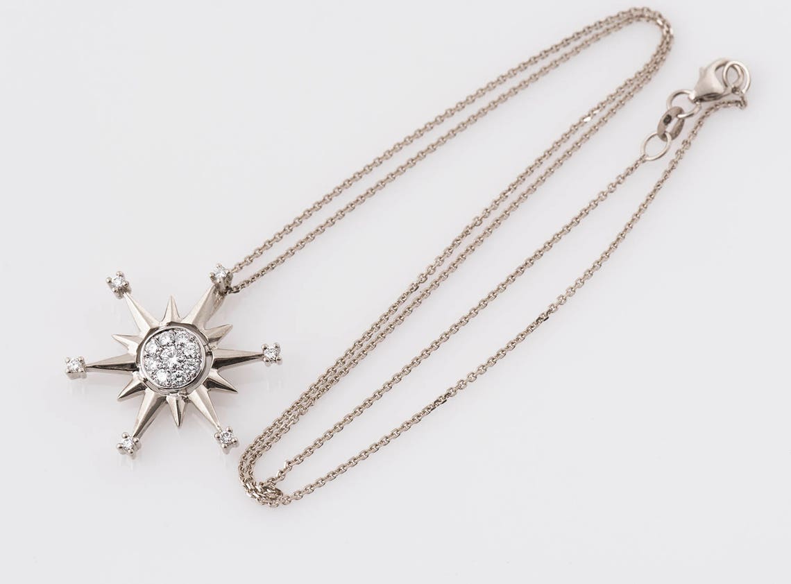 Compass Diamonds Pendant 14K / 18K White Gold Necklace Gift - Etsy