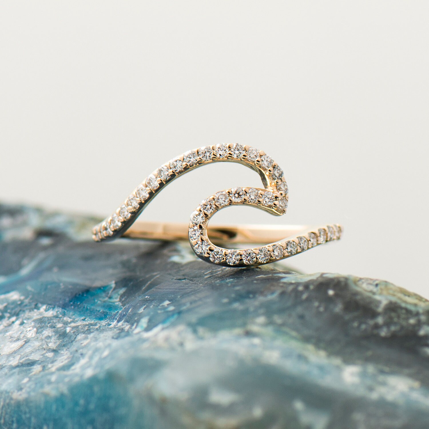Wave Diamond Ring, 14k / 18k Rose Gold Ring, Stackable Diamonds Ring ...