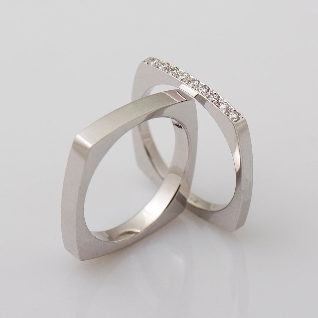 Square Shape Rings, Unique Wedding Rings, Diamond Bar Ring, 14K Gold ...