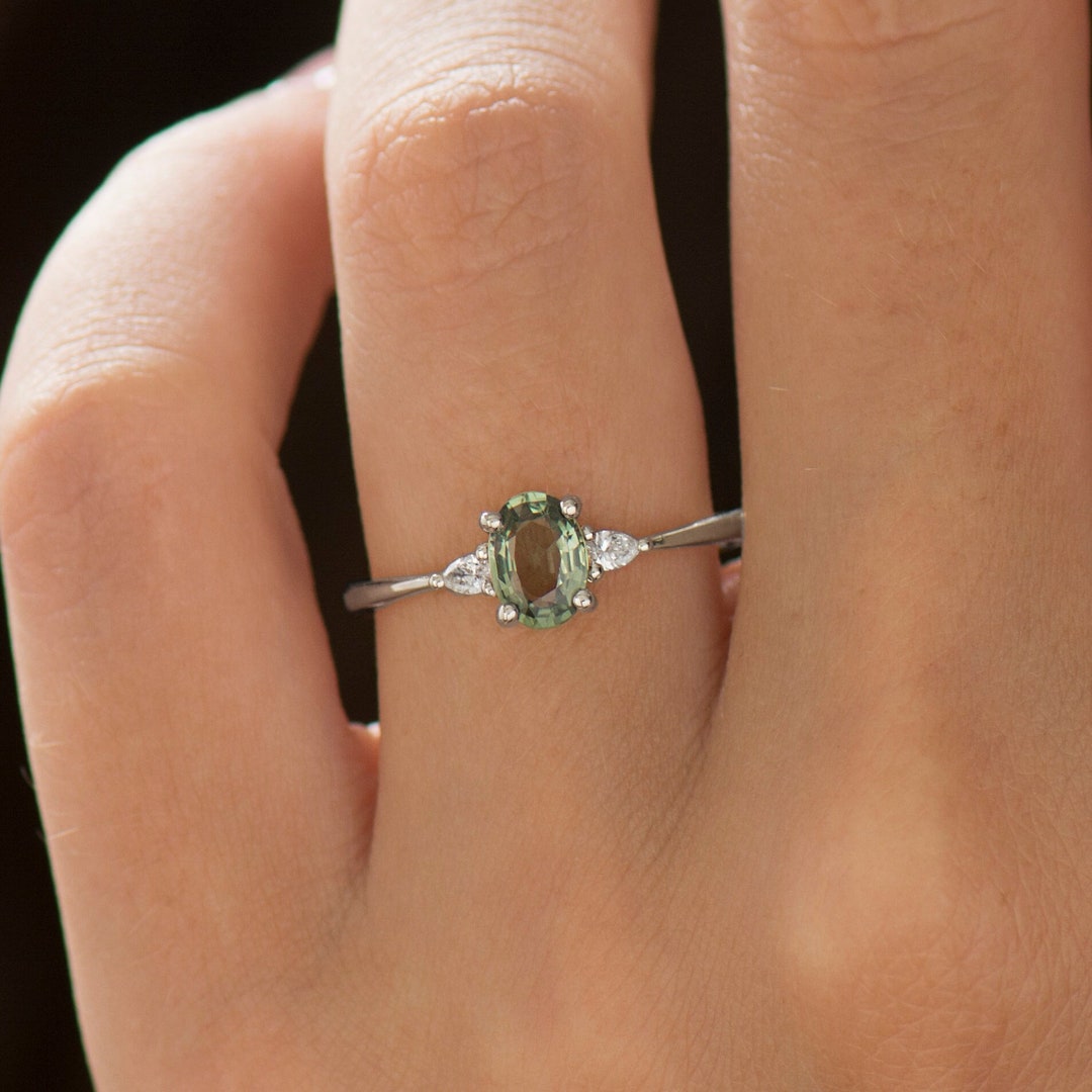 Olive Sapphire Ring, 14K / 18k White Gold, Green Sapphire Engagement ...