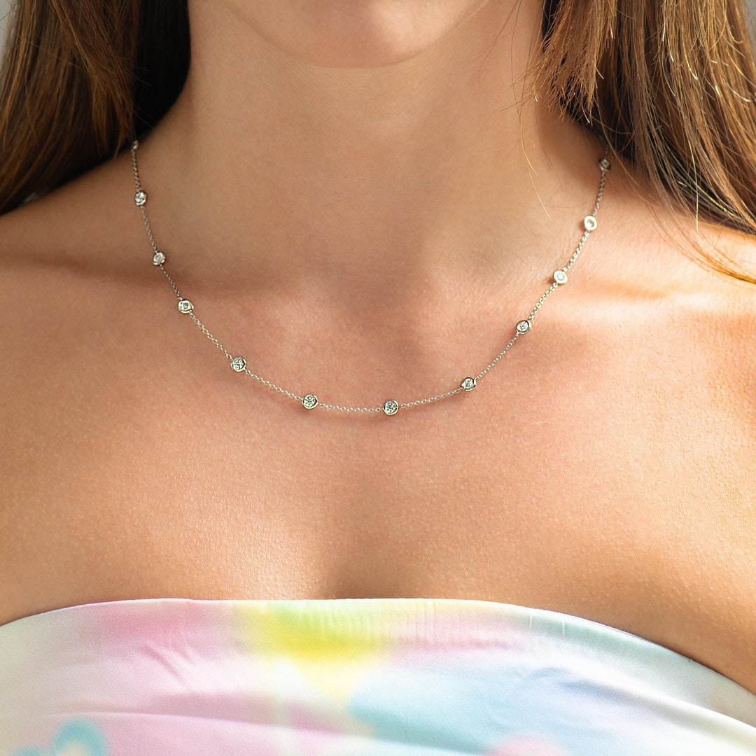 Station Diamonds Necklace, 14k / 18k Gold, Natural Diamonds, Floating ...