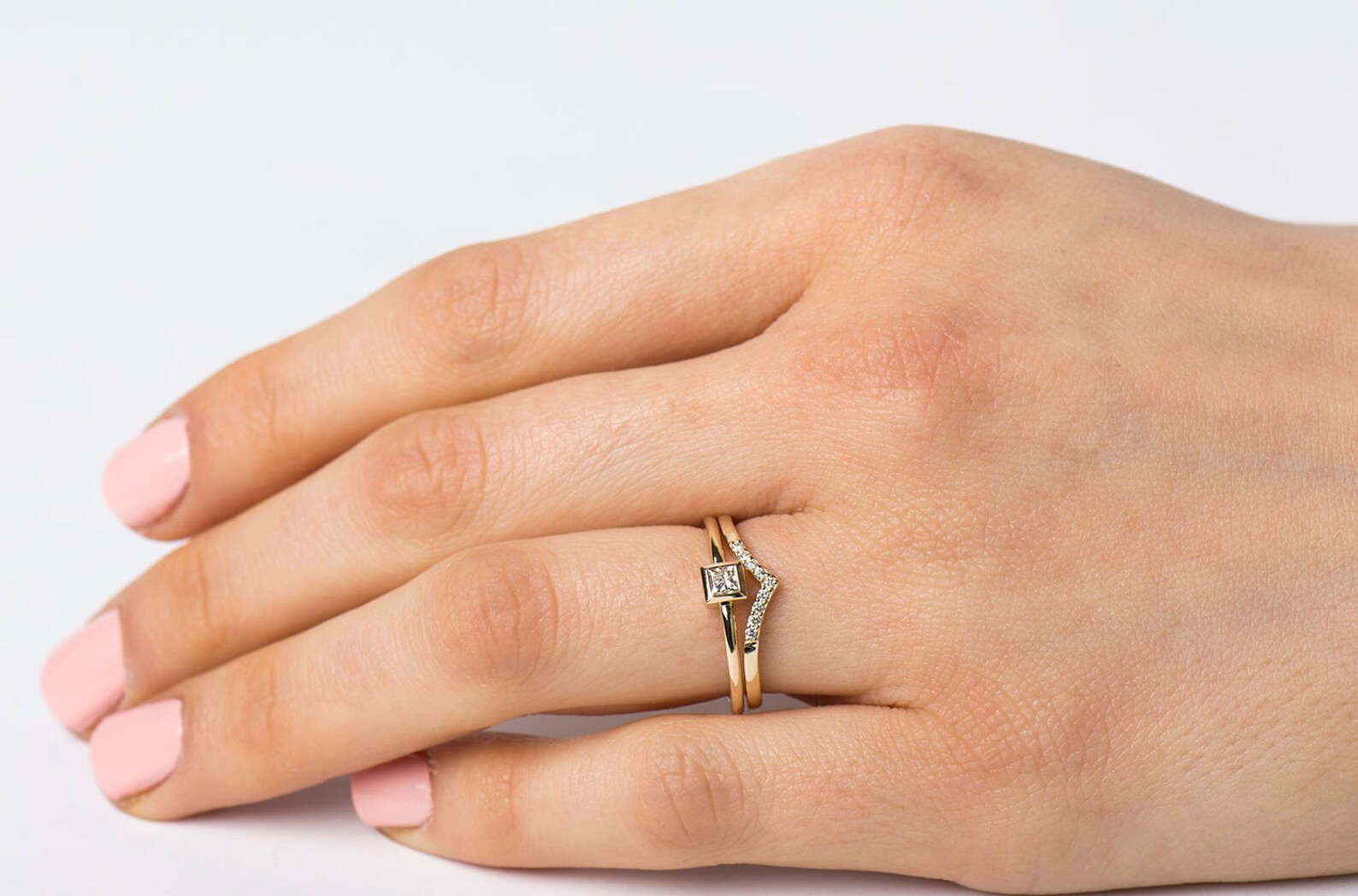 Square Diamond Set 14K / 18K Yellow Gold Rings Set Minimal | Etsy