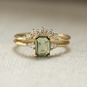 Emerald Cut Green Sapphire Set, 14K / 18k Yellow Gold, Matching Wedding ...