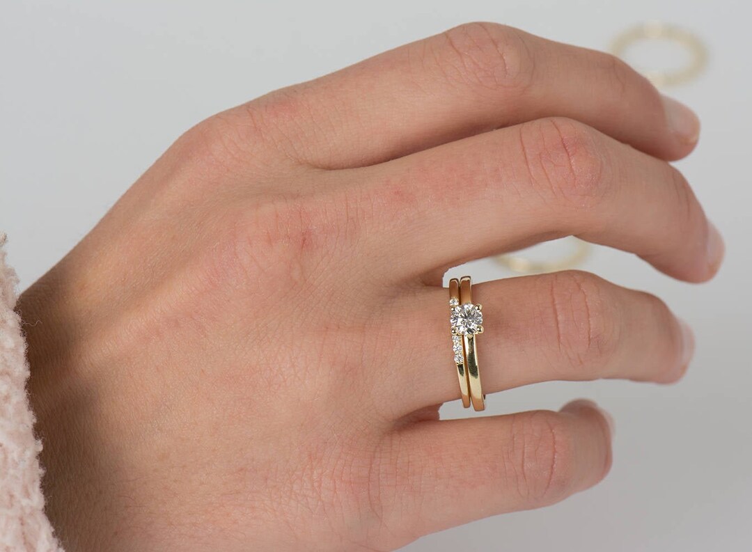 Solitaire Diamond Ring Set, 14k Yellow Gold Set, Wedding Ring Set ...