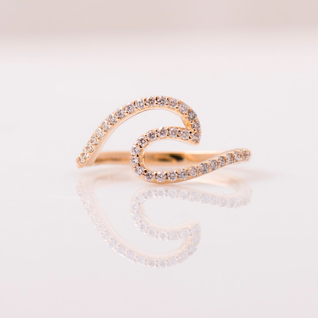 Wave Diamond Ring, 14k / 18k Rose Gold Ring, Stackable Diamonds Ring ...