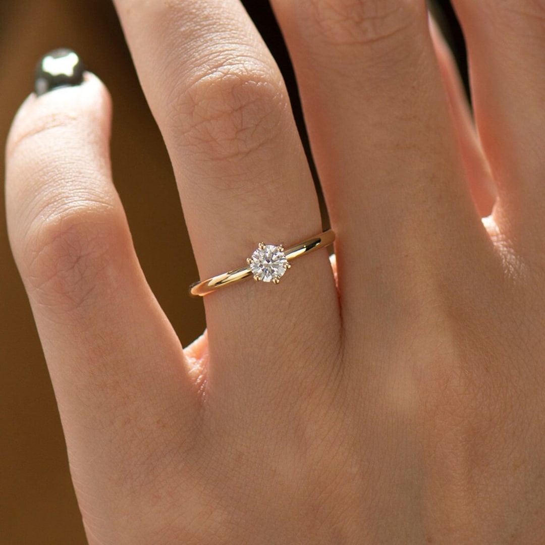 Classic 6 Prong Engement Ring, 14K Yellow Gold, Diamond Engagement Ring ...