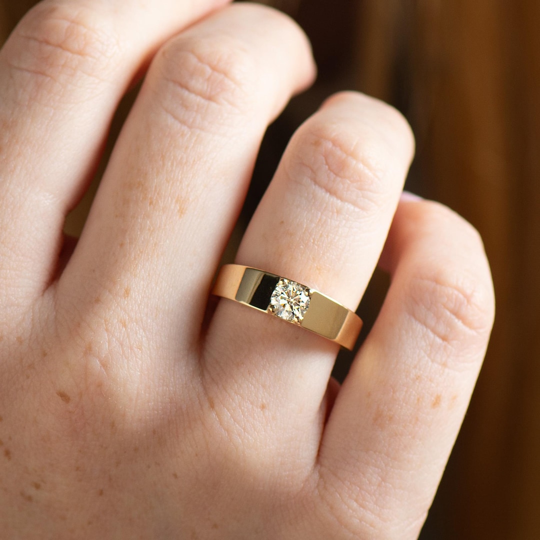 Wide Solitaire Diamond Ring, 14K / 18K Yellow Gold, Solitaire Ring ...