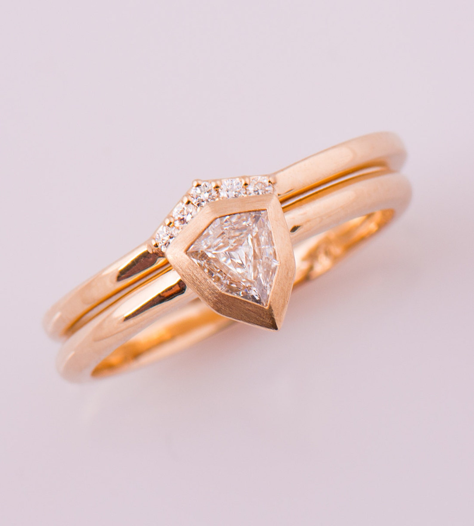 Shield Diamond Ring, Unique Engagement Set, 14K/18K Rose Gold Diamond ...