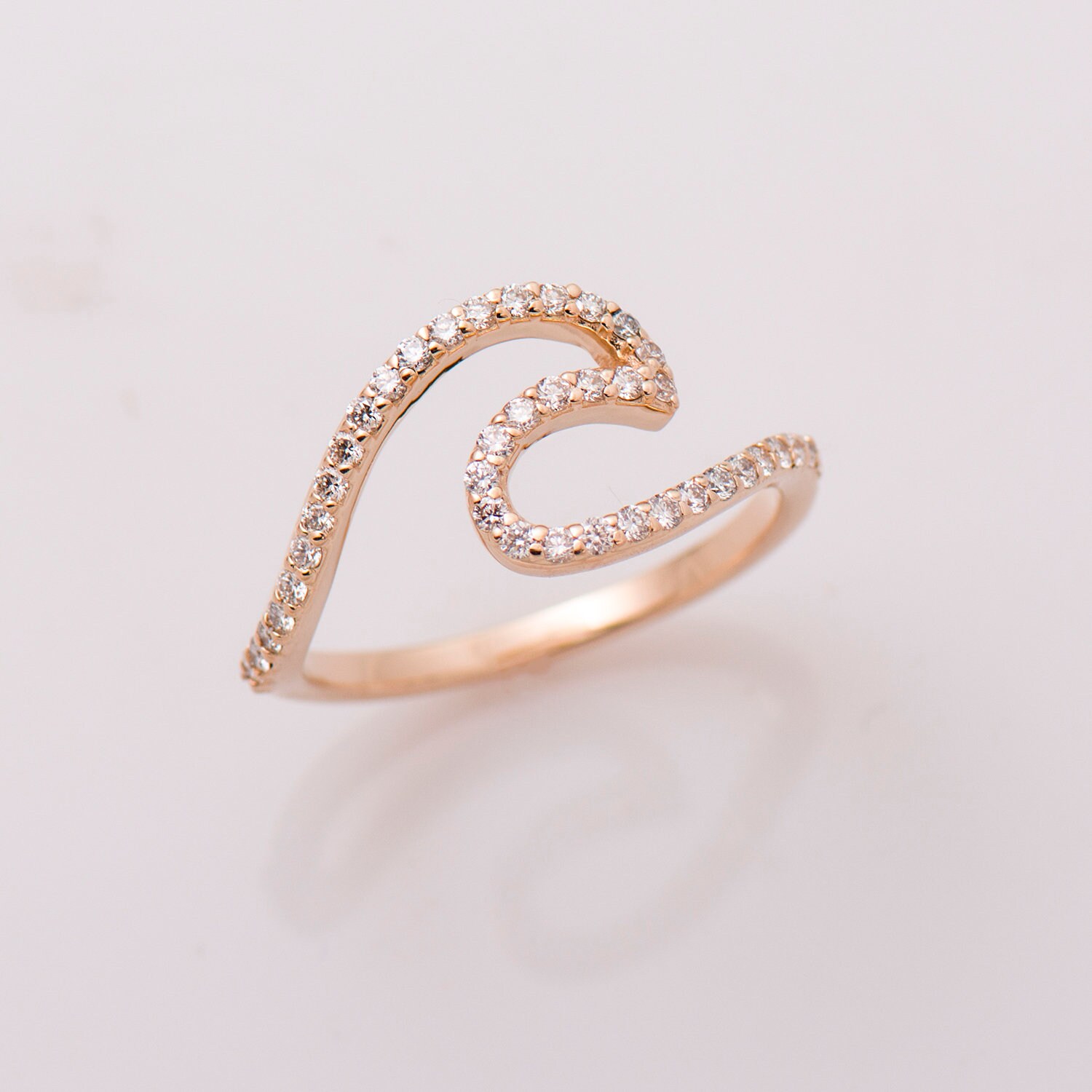 Wave Diamond Ring, 14k / 18k Rose Gold Ring, Stackable Diamonds Ring ...
