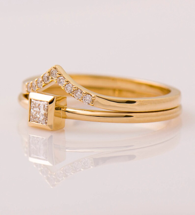 Square Diamond Set 14K / 18K Yellow Gold Rings Set Minimal | Etsy
