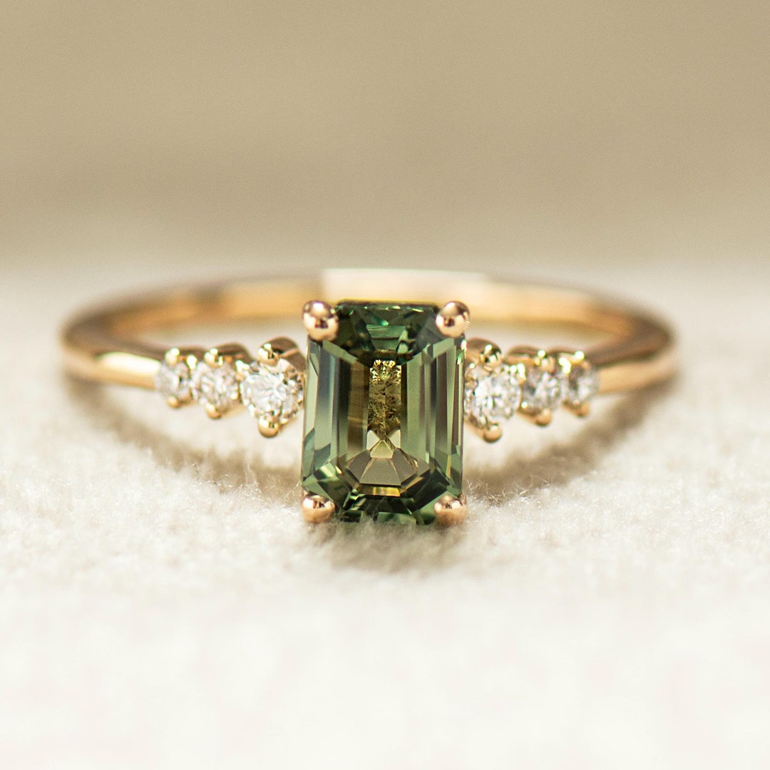 Green Sapphire Engagement Ring, 14K / 18K Rose Gold, Light Green ...