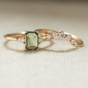 Emerald Cut Green Sapphire Set, 14K / 18k Rose Gold, Matching Wedding ...