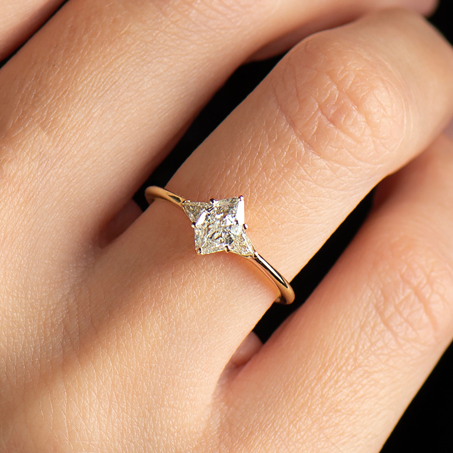 Hexagonal Diamond Ring, Three Stones Ring, 14K / 18K Yellow Gold ...