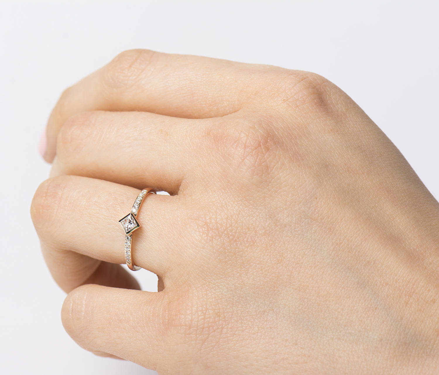 Rhombus Square Diamond Engagement Ring, 14K / 18K Rose Gold, Delicate ...