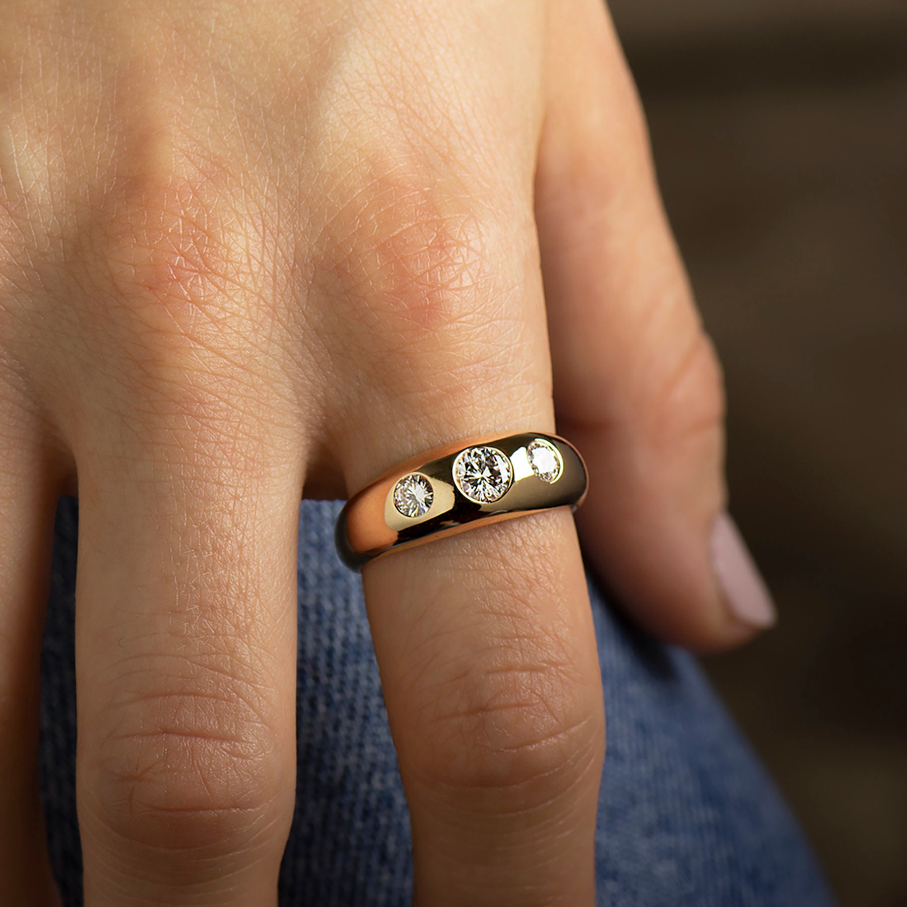 Bombe Engagement Ring, 14K / 18K Yellow Gold, Universe Ring, 3 Stone ...