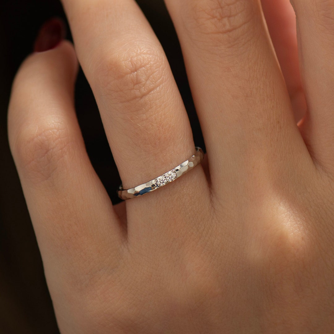 2 Diamonds Wedding Ring, 2 Mm Wide, Hammered Textured Ring, 14K / 18K ...