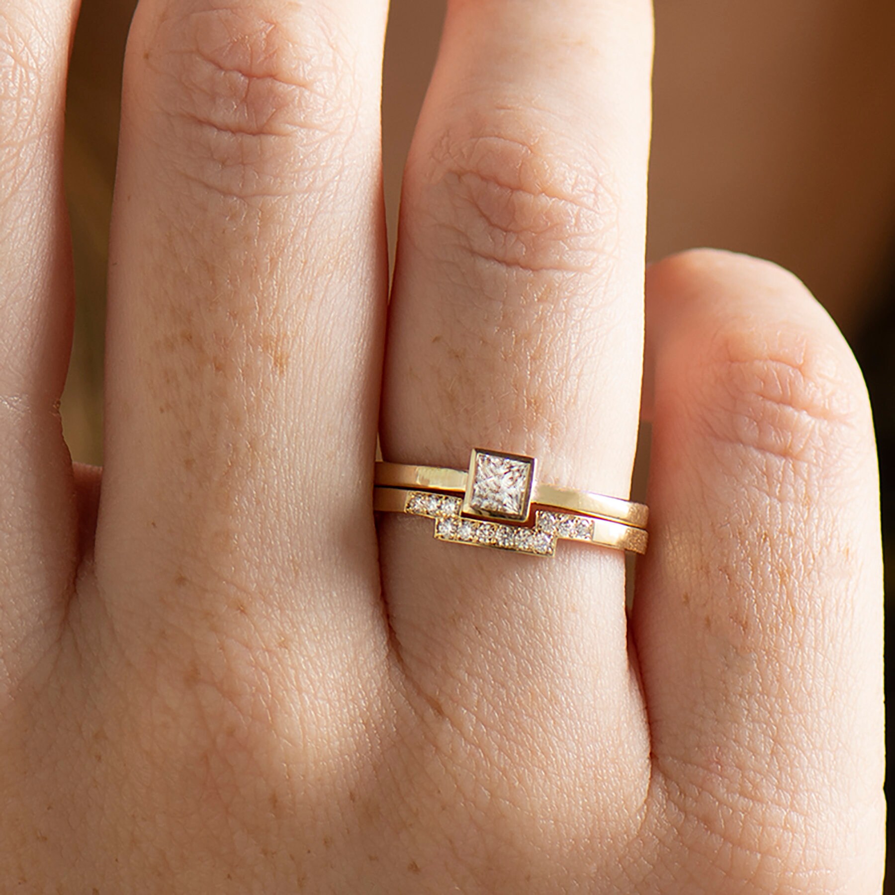 Princess Diamond Set, 14K Yellow Gold Diamond Set, Engagement Ring Set ...