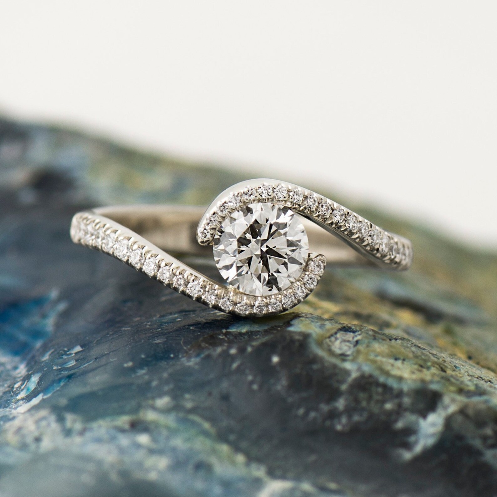 Bypass Engagement Ring 14K / 18K White Gold Ring Pave Ring | Etsy