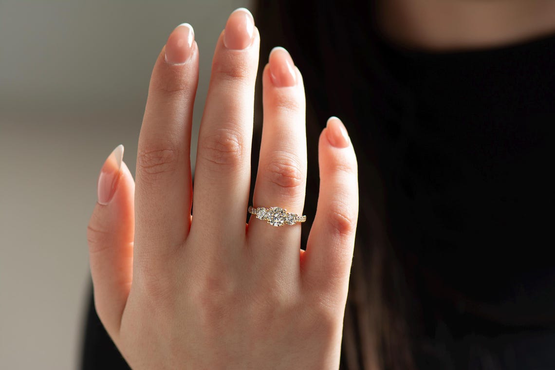 Three Stones Pave Engagement Ring, 14K / 18K Yellow Gold, Paved Diamond ...