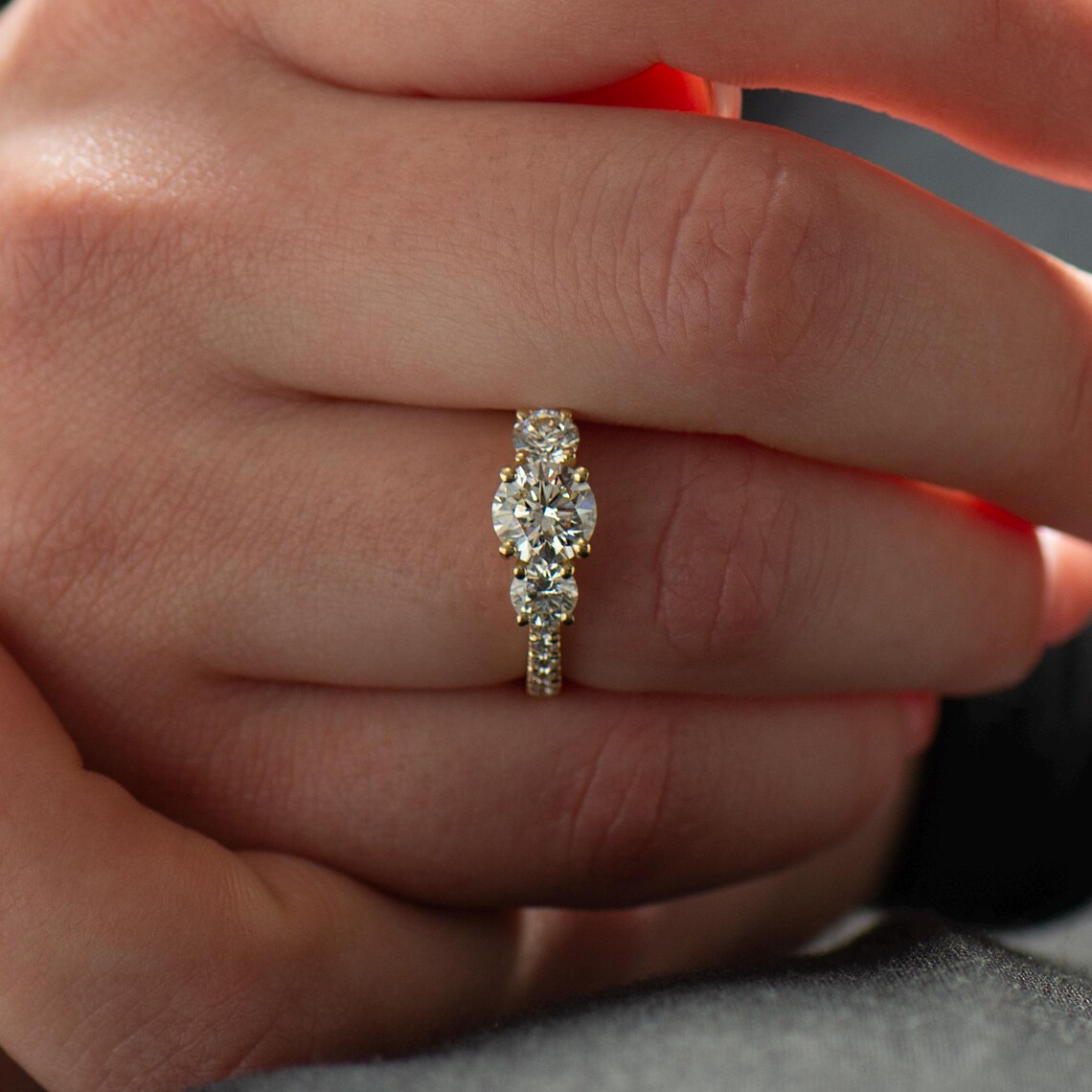 Three Stones Pave Engagement Ring, 14K / 18K Yellow Gold, Paved Diamond ...