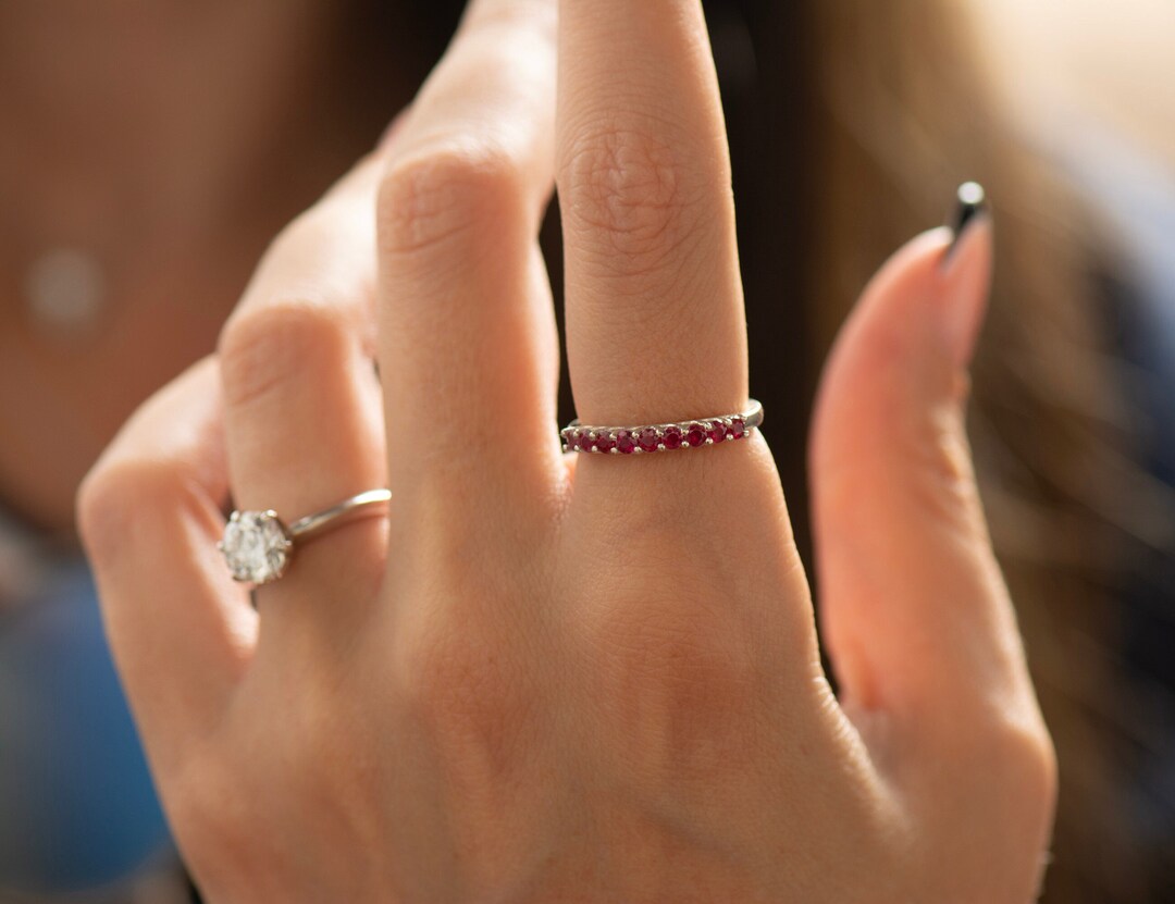 Rubies Stack Ring 14K / 18K White Gold, Natural Red Ruby Ring, Ruby Stacking Ring, Half Eternity ...
