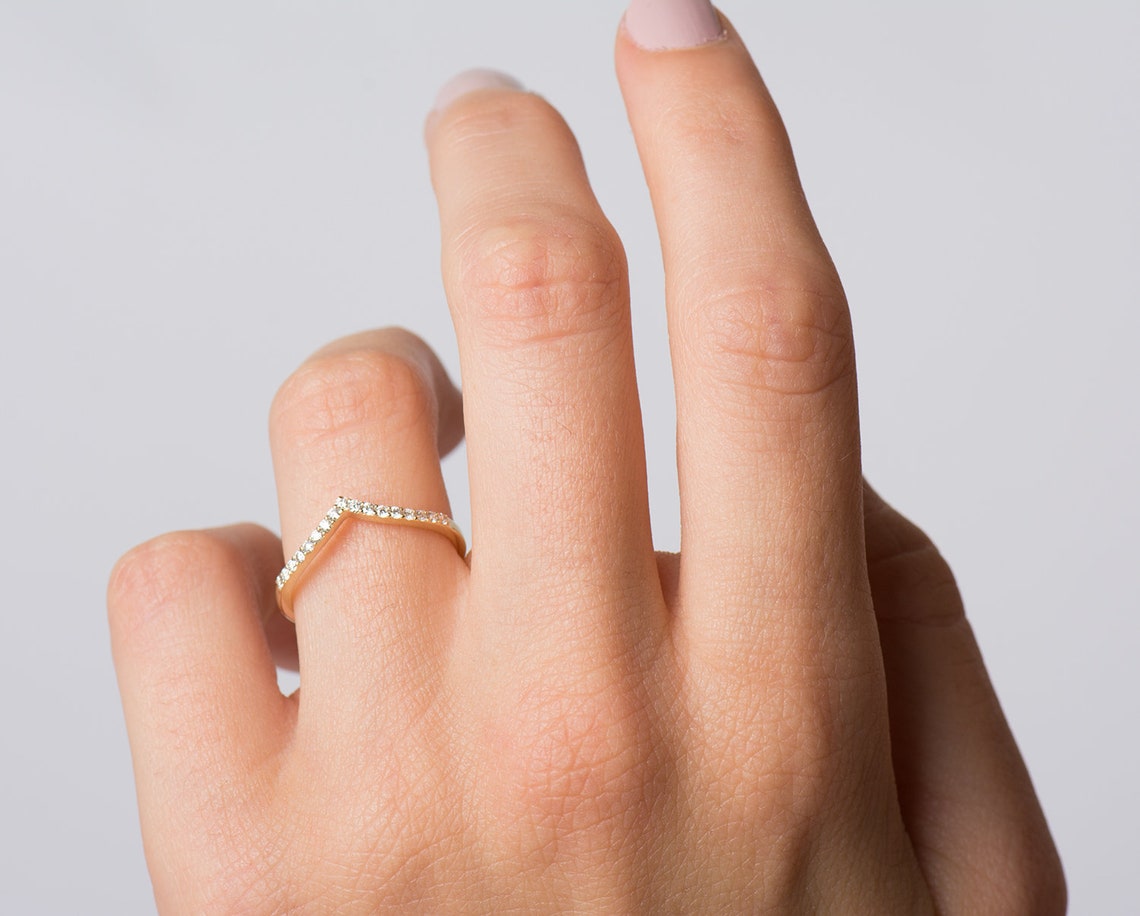 Half Eternity V Shape Wedding Ring 14K Yellow Gold Diamonds | Etsy