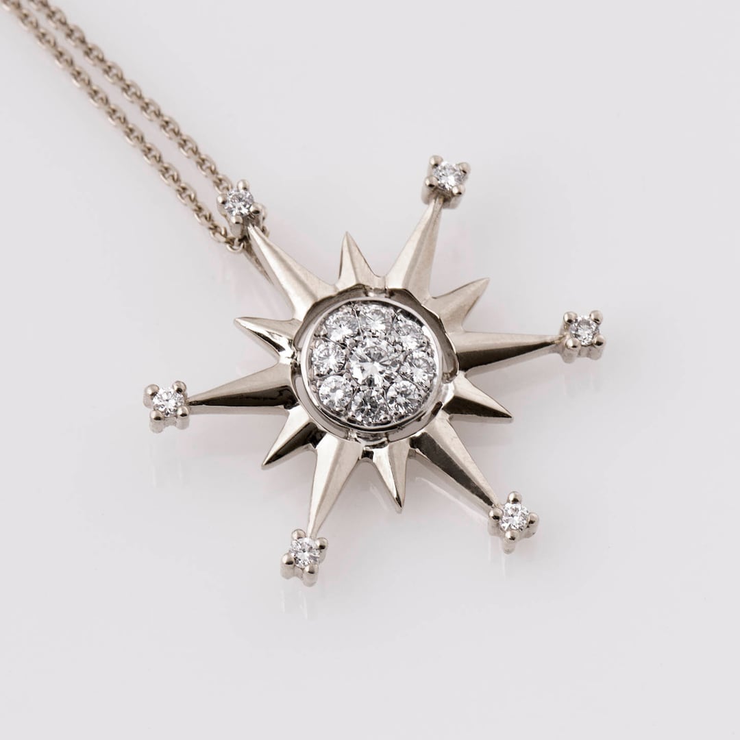 Compass Diamonds Pendant, 14K / 18K White Gold Necklace, Gift Diamonds ...