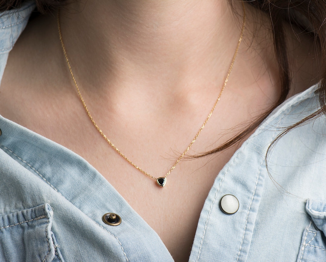 Triangle Black Diamond Necklace, 14K / 18K Yellow Gold Diamond Necklace ...