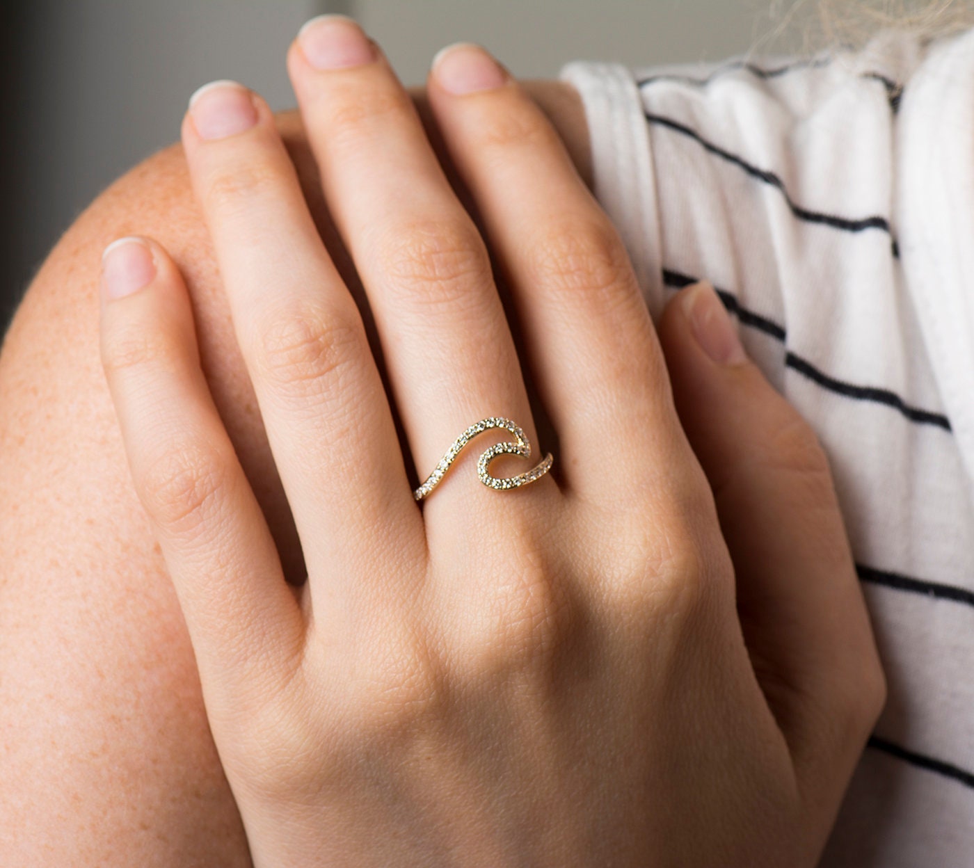 Wave Diamond Ring, 14k / 18k Rose Gold Ring, Stackable Diamonds Ring ...