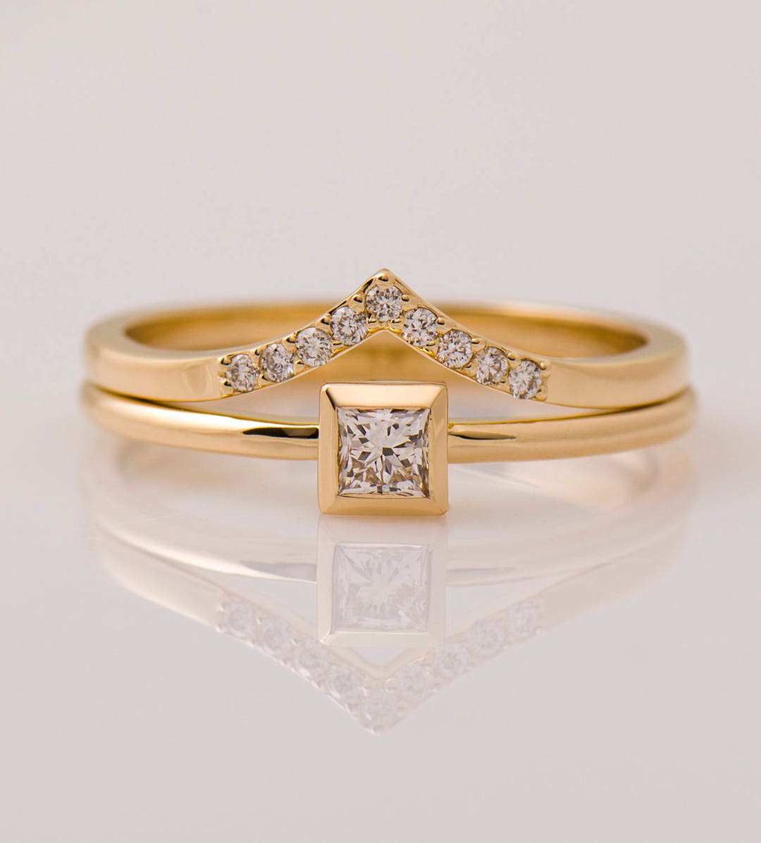 Square Diamond Set, 14K / 18K Yellow Gold Rings Set, Minimal Diamonds ...