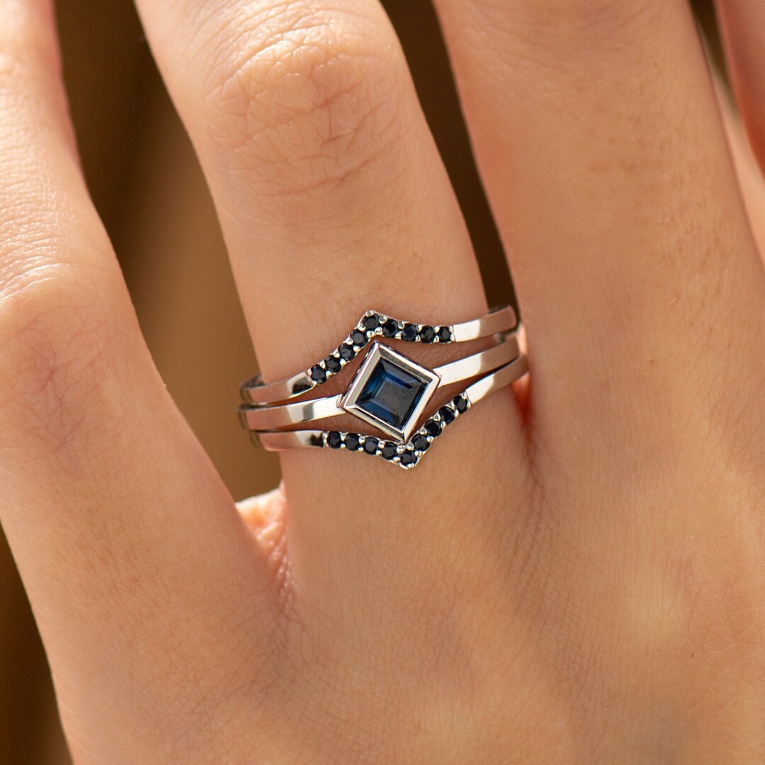Blue Sapphires Rings Set, 14K / 18K Gold, Square Sapphire Ring ...