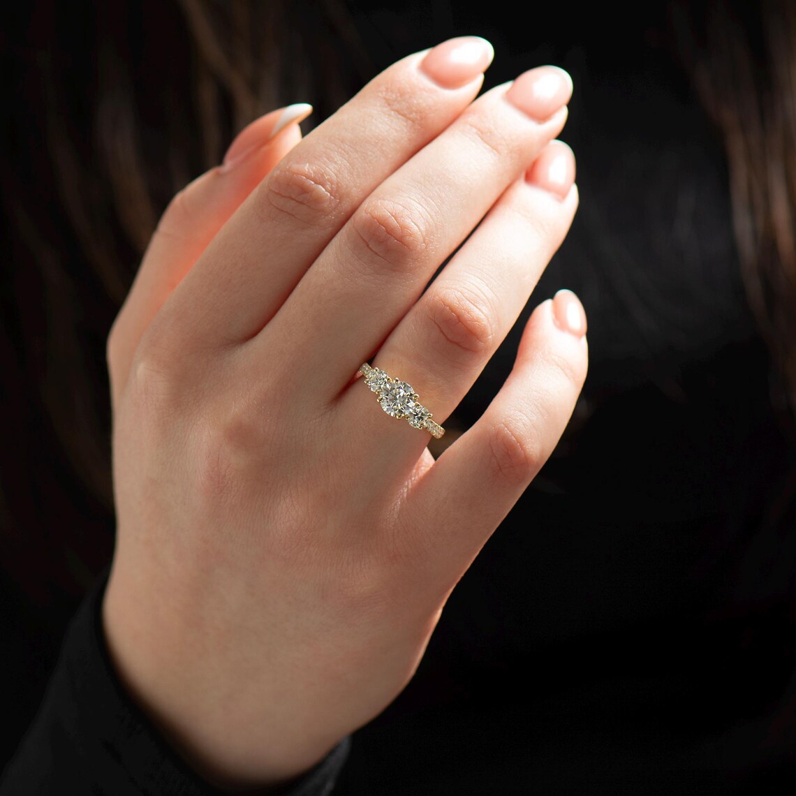 Three Stones Pave Engagement Ring, 14K / 18K Yellow Gold, Paved Diamond ...