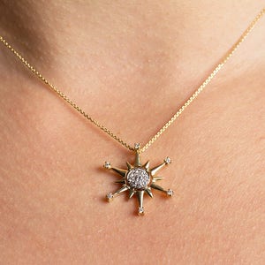 Compass Diamonds Pendant, 14K / 18K Yellow Gold Necklace, Gift Diamonds ...