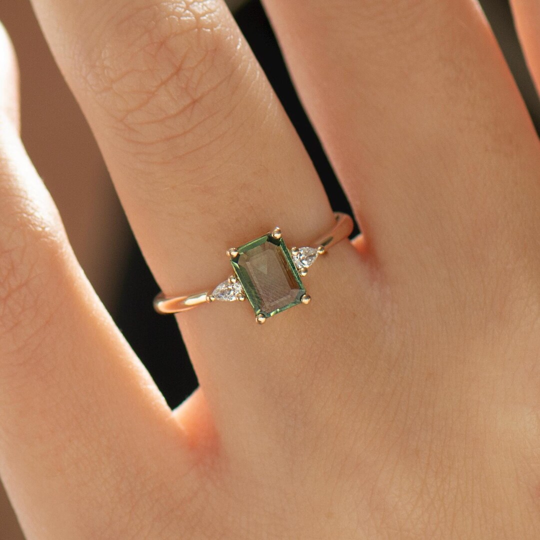 Emerald Green Sapphire Ring, Emerald Cut Sapphire, 14K / 18K Rose Gold ...