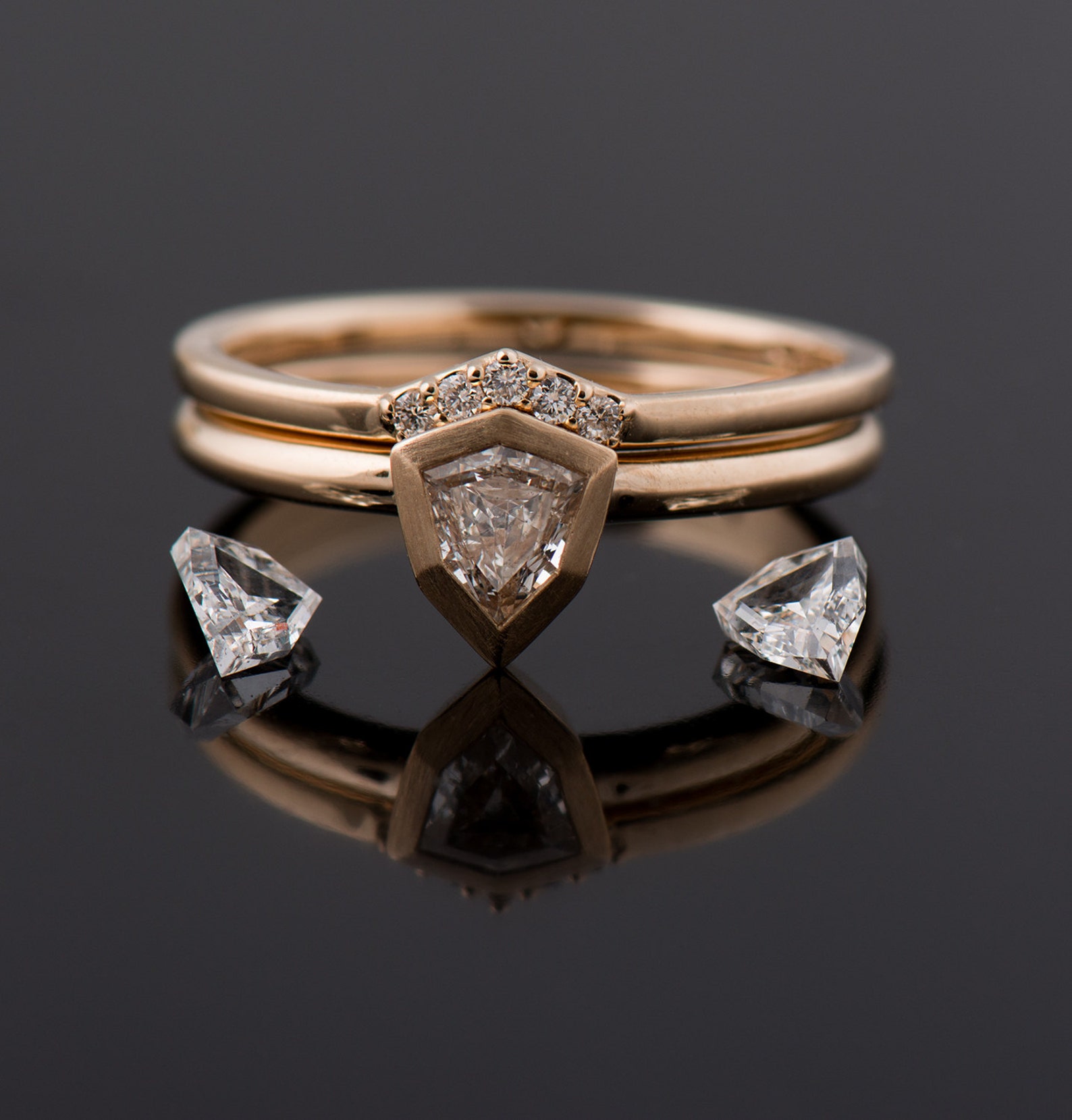 Shield Diamond Ring, Unique Engagement Set, 14K/18K Rose Gold Diamond ...