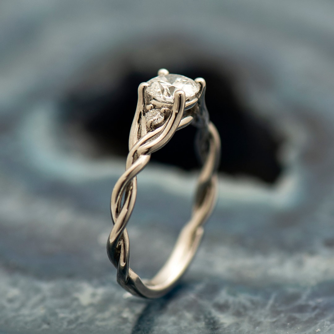 Three Stone Celtic Engagement Ring, 14K / 18K White Gold, Diamond ...