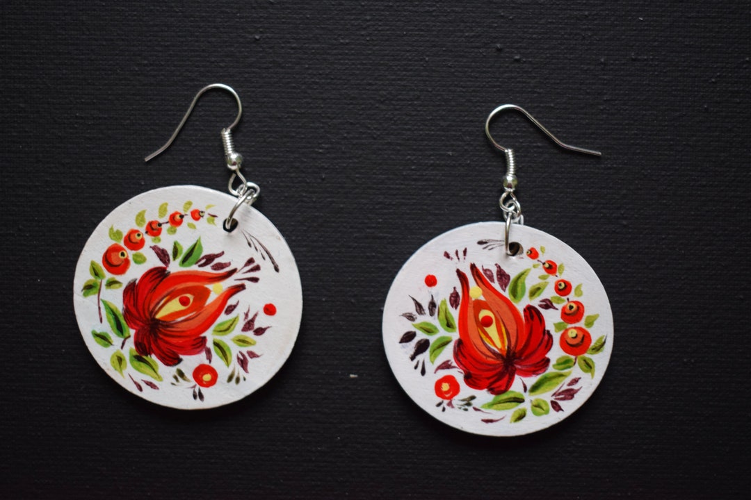 Red Wooden Earrings Ethnic Style Earring Painted Jewelry Painted ...