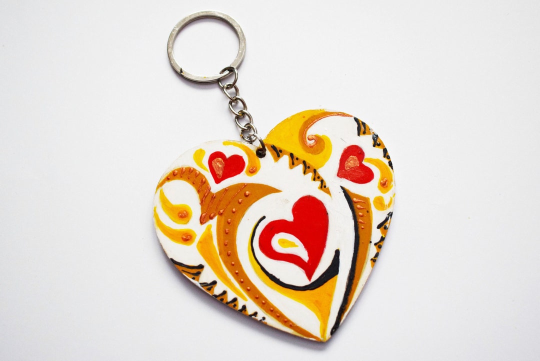 Hand Painted Heart Wooden Heart Keychain Chains Keychain Key Keychain ...