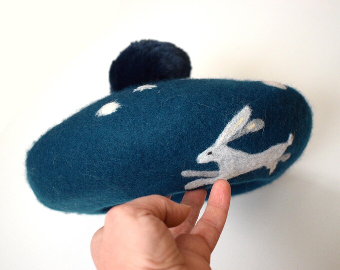 Blue Beret With a Hare Tail Hare Pattern Wool Beret Hare Beret Rabbit ...