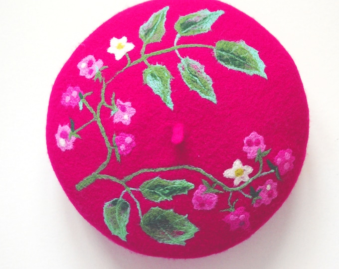 Raspberry Beret Pink Beret With Embroidered Raspberries Woolen Beret ...